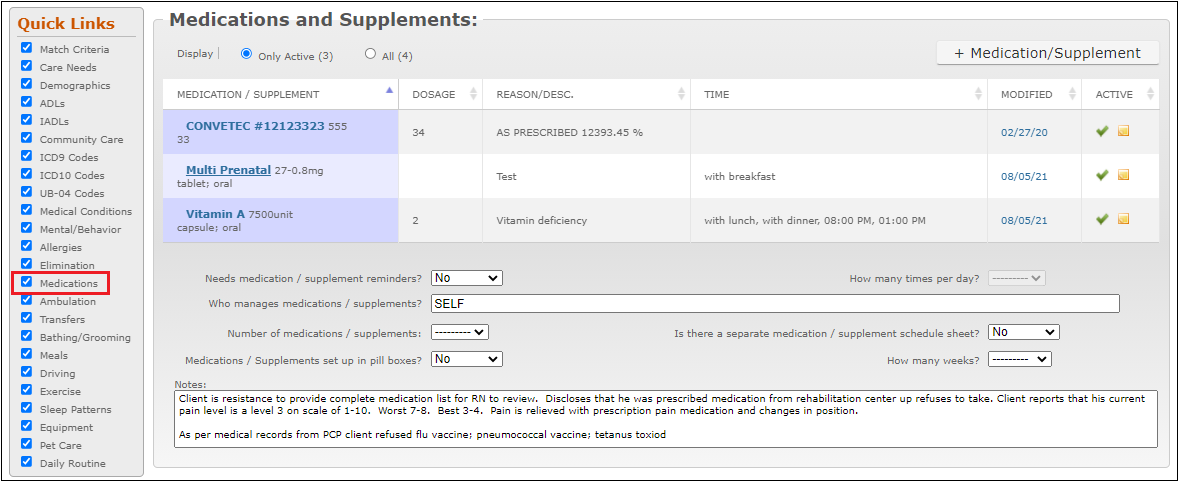 2. Click on `+Medication/Supplement` to add a medication statement for ...